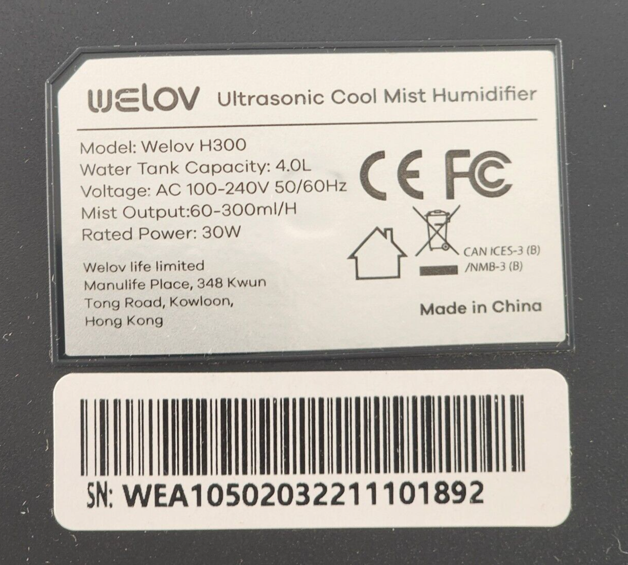 Welov Humidifier Cool Mist White Ultrasonic H-300 Open Box Tested ...