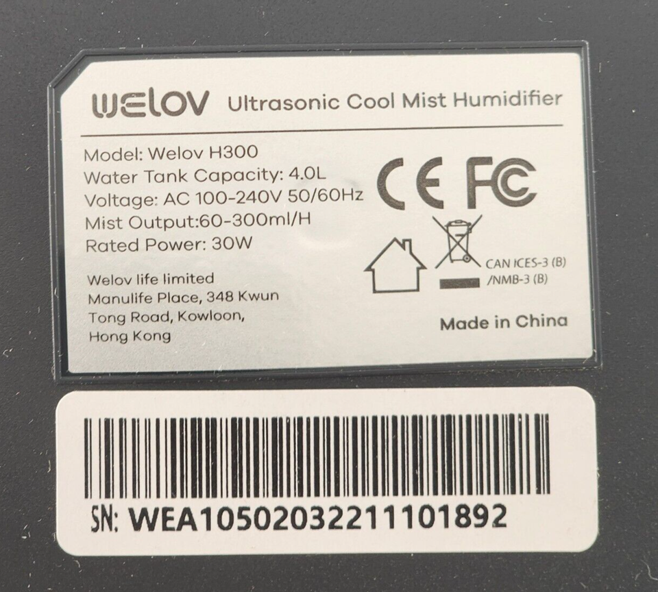 Welov Humidifier Cool Mist White Ultrasonic H-300 Open Box Tested ...