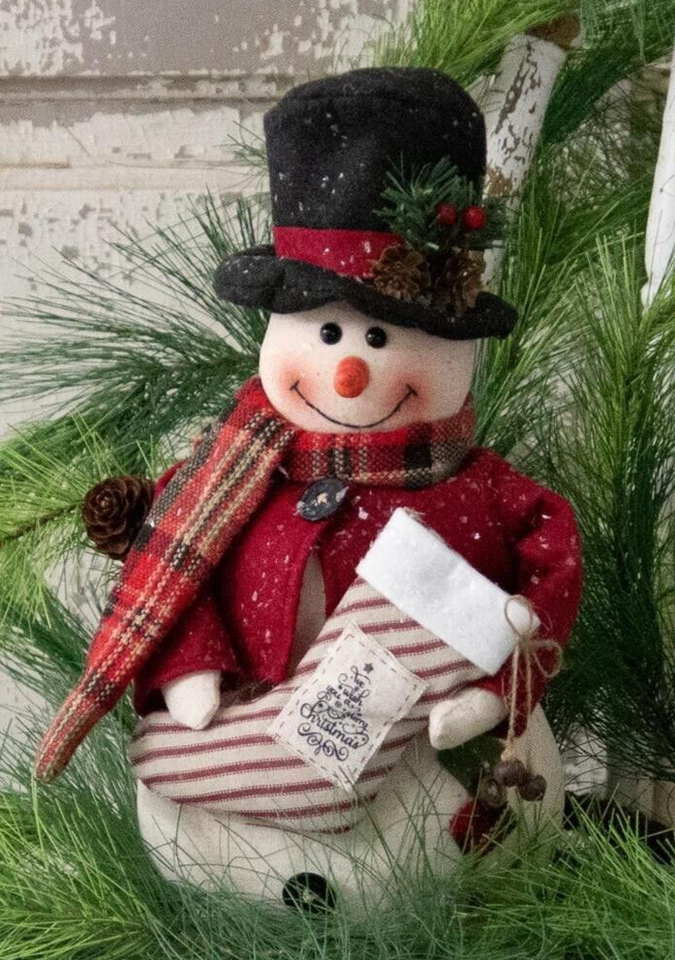NEW Primitive Farmhouse SNOWMAN Glittered w/ Stocking Winter Cloth 9 ...
