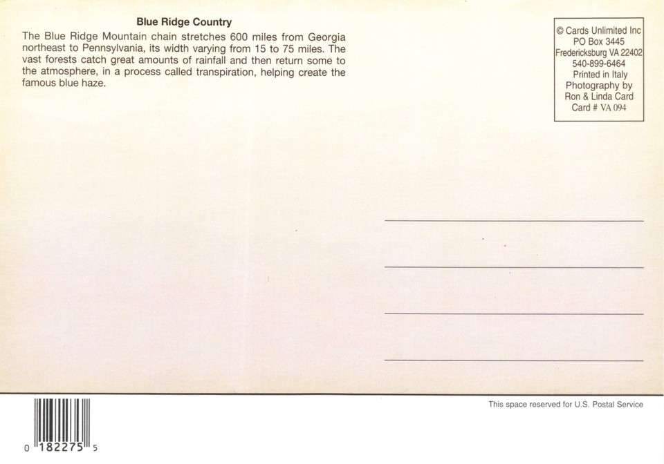 Postcard VA Blue Ridge Country Mountains Blue Haze GA to PA Sunset ...