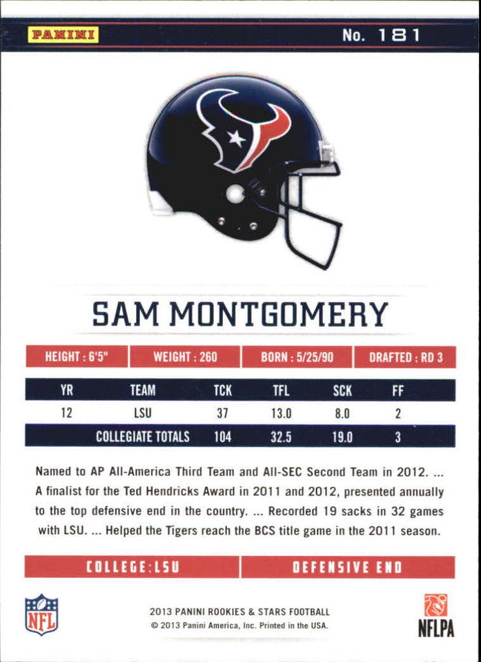 2013 Rookies and Stars Longevity Football Card #181 Sam Montgomery | eBay