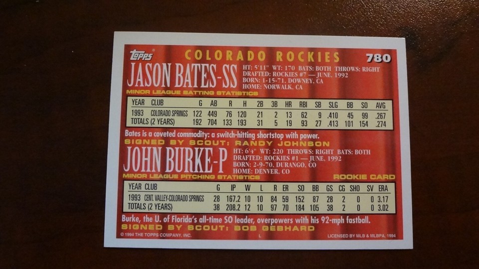 1994 TOPPS # 780 COMING ATTRACTIONS JASON BATES/JOHN BURKE BASEBALL ...