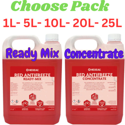 Red Antifreeze & Summer Coolant Ready Mix/Concentrate Hexeal 1L-25L All ...