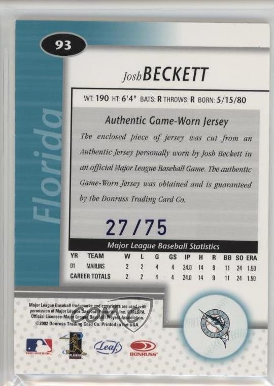 2002 Leaf Certified Mirror Blue Materials /75 Josh Beckett #93 | eBay