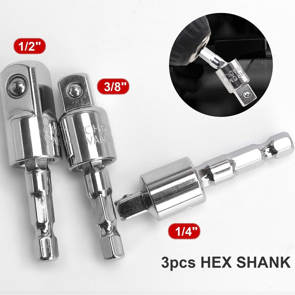 Socket Adapter Set Hex Shank to 1/4" 3/8" 1/2" Impact Driver Drill 3 ...