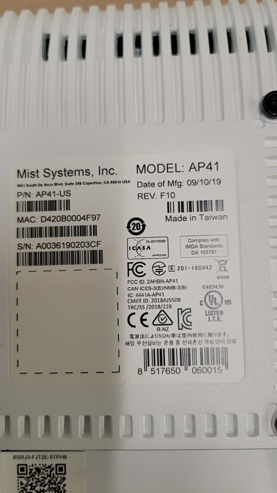 Juniper Mist Systems AP41 Wireless AC Access Points AP41-US Rev. F10 ...