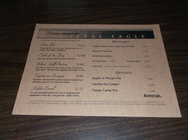 AMTRAK TEXAS EAGLE DINNER MENU | eBay