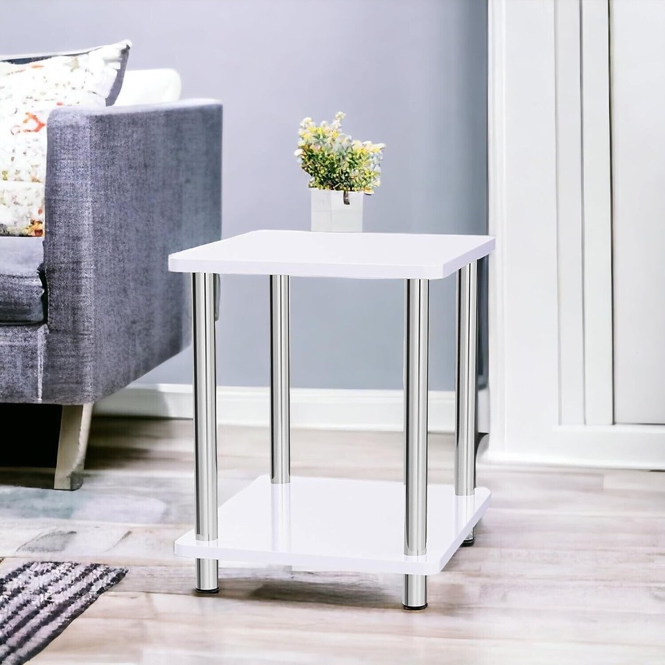 Small 2 Tier White Gloss Finish Side Table with Shelf Bedroom Coffee ...