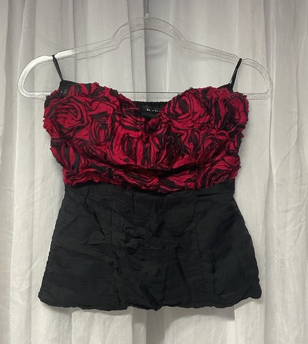 VTG Y2K bebe red black ruffled rose corset strapless Silk Whimsigoth ...