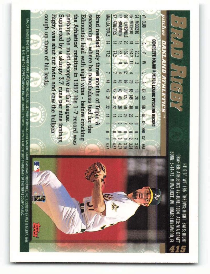 1998 Topps #415 Brad Rigby NM-MT Athletics ID:180878 | eBay