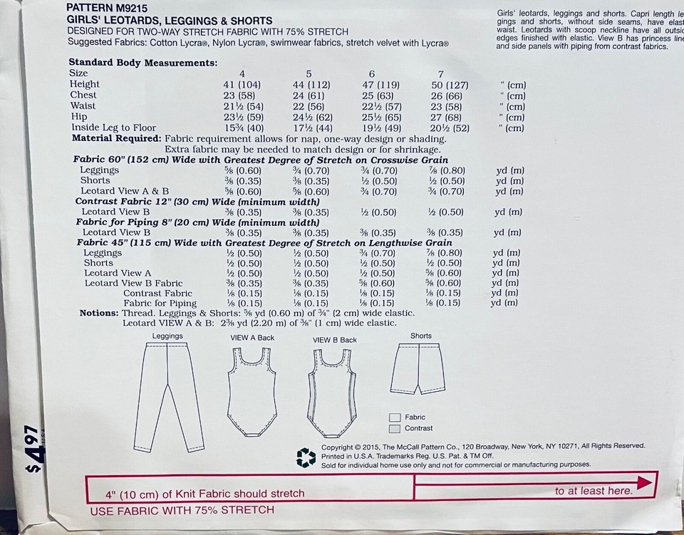 EASY MCCALL'S PATTERN 9215 GIRL'S DANCE PLAY LEOTARDS LEGGINGS SHORTS ...