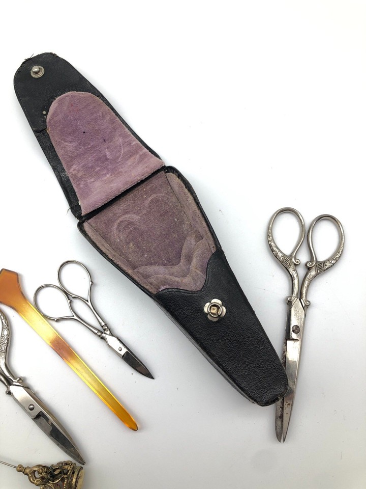 Antique Henkel Sewing Scissors W/ Leather Case & Accessories | eBay