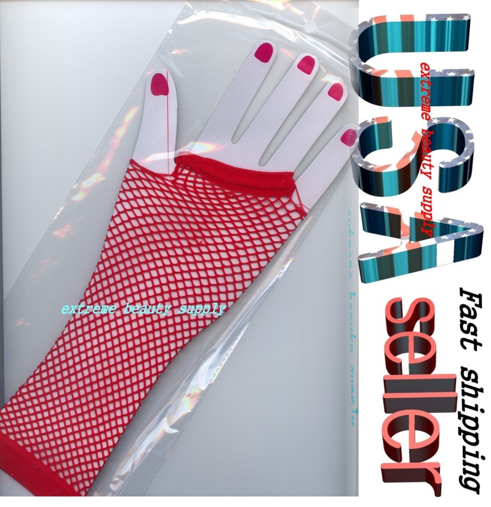 Red club party dance cheerleader Elbow Length fish net fingerless ...