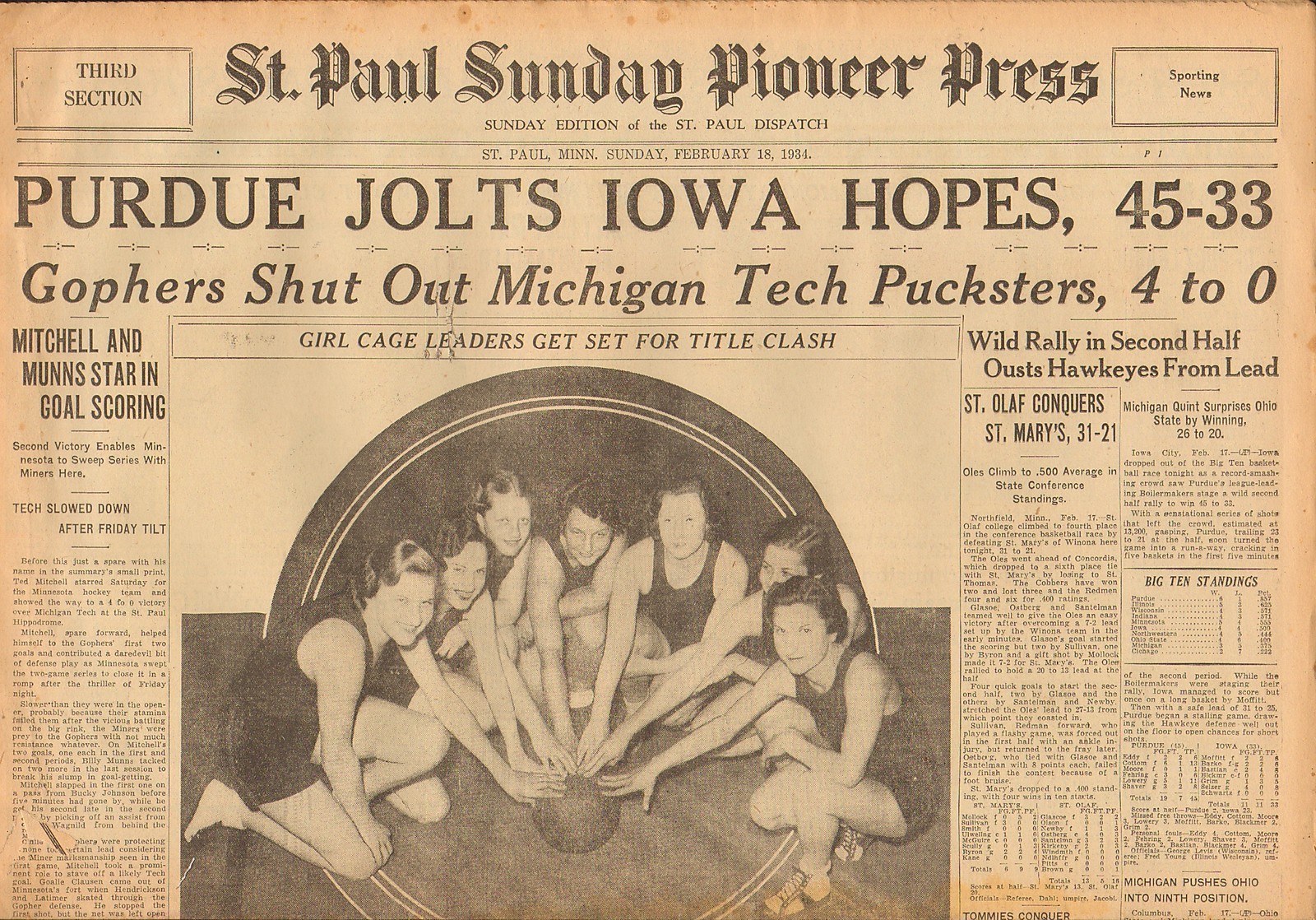 FEB 18 1934 ST PAUL PIONEER PRESS NEWSPAPER SPORTS SECTION - PURDUE ...