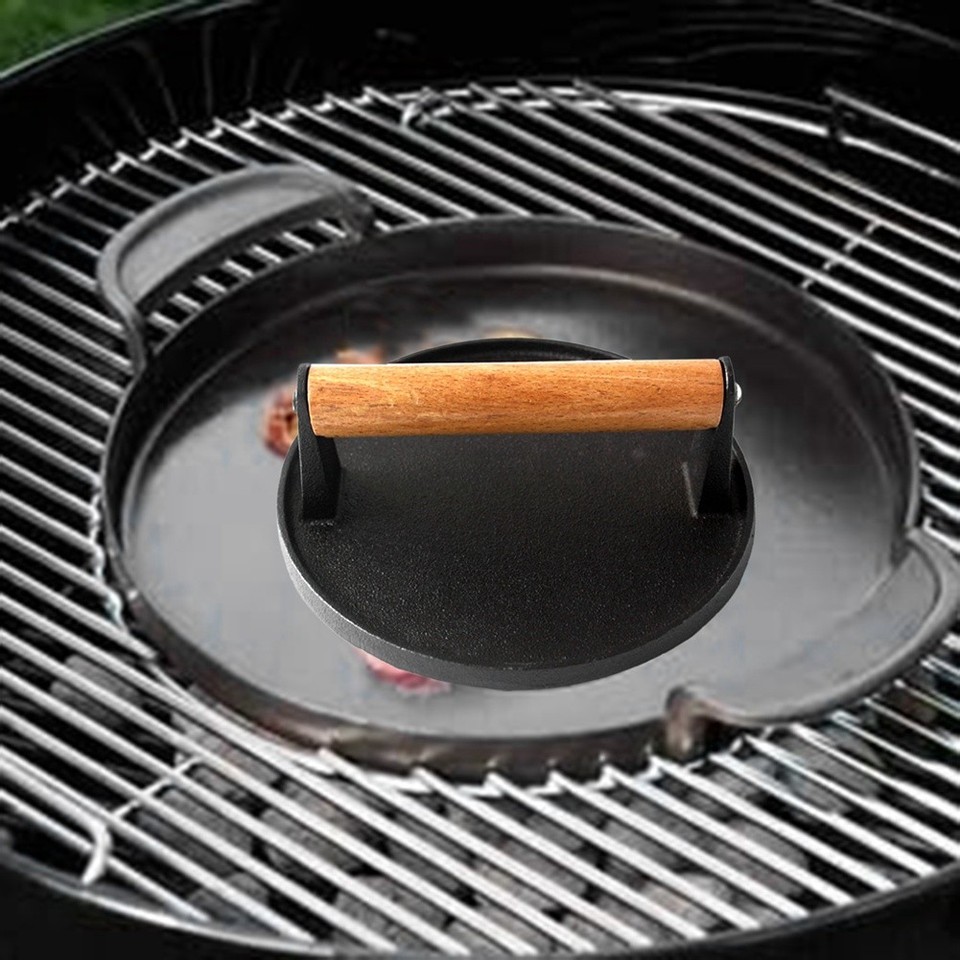 Cast Iron Meat Board with Wooden Handle for BBQ, Steak Grill Round4609 ...