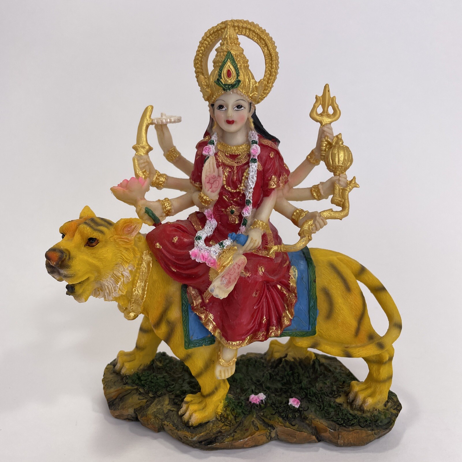 Hindu Goddess Durga Maa Wearing Red Sari Riding Tiger Figurine 8" Tall ...