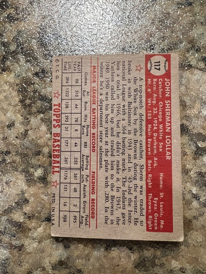 1952 TOPPS BASEBALL CARD #117 SHERMAN LOLLAR NICE BUT LT WRINKLES ...