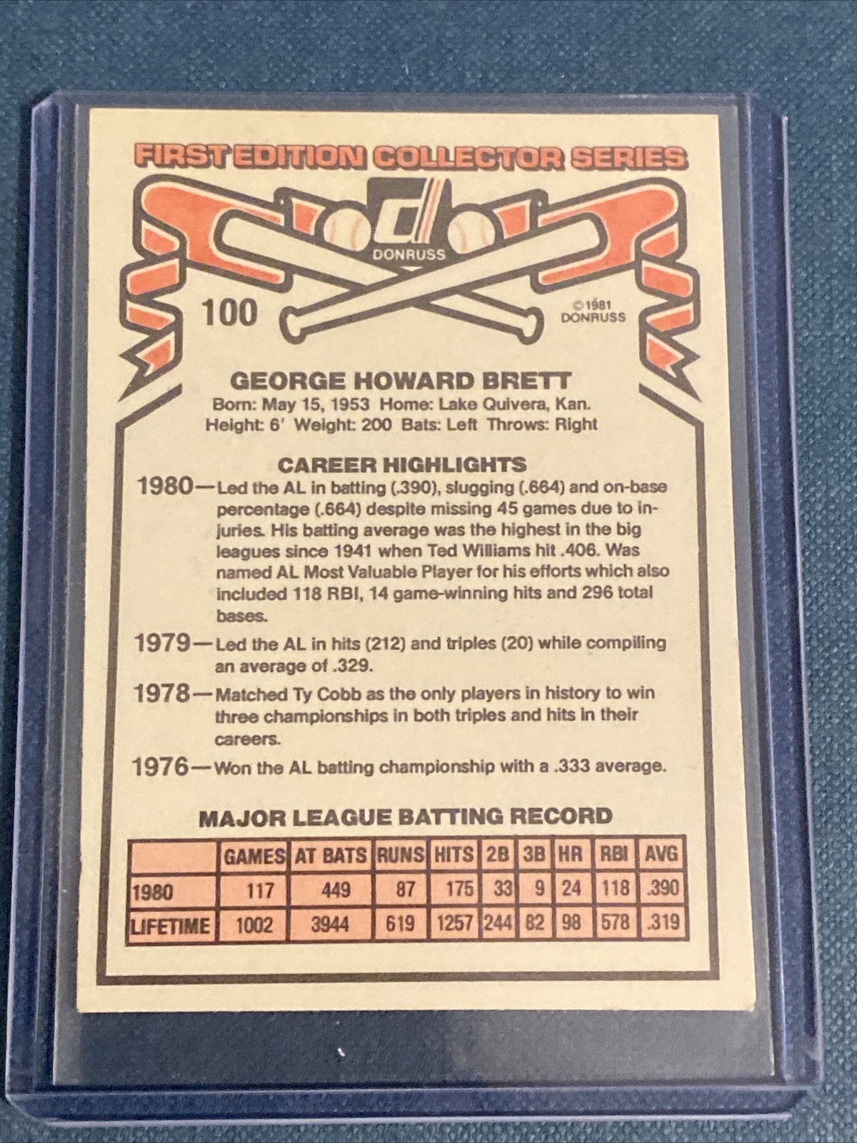 1981 Donruss #100 Rare George Brett Error Card In Excellent Mint ...