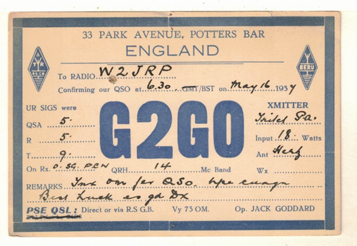 1937 QSL: G2GO – Jack Goddard - 33 Park Avenue, Potters Bar, England | eBay