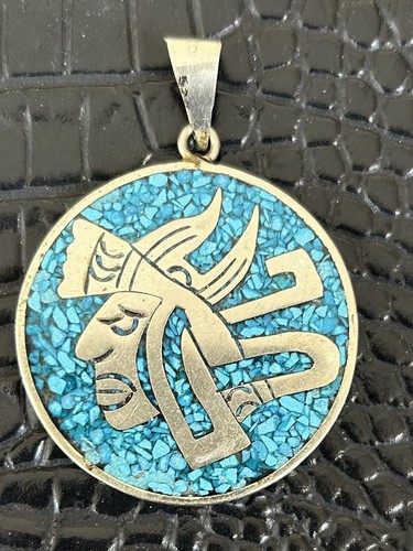 Mexican Silver 2 Sided Pendant With Inlaid Turquoise, Mayan? | eBay