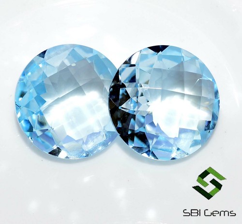 15.73 CTS Natural Blue Topaz Round Checker Cut Pair 13x13 mm Faceted ...