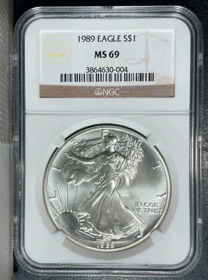 1989 AMERICAN SILVER EAGLE DOLLAR ~ NGC MS 69 CLASSIC BROWN LABEL REF ...
