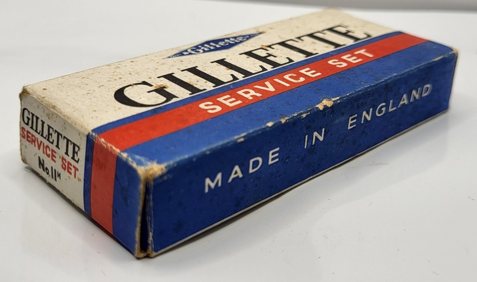 Vtg Gillette Service Set Tin Litho Shipper England NEW Flat Bottom #11 ...