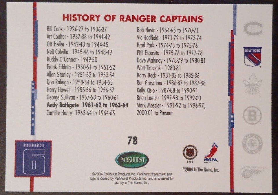 2003 - 2004 Parkhurst Andy Bathgate Original Six Rangers #78 Hockey ...