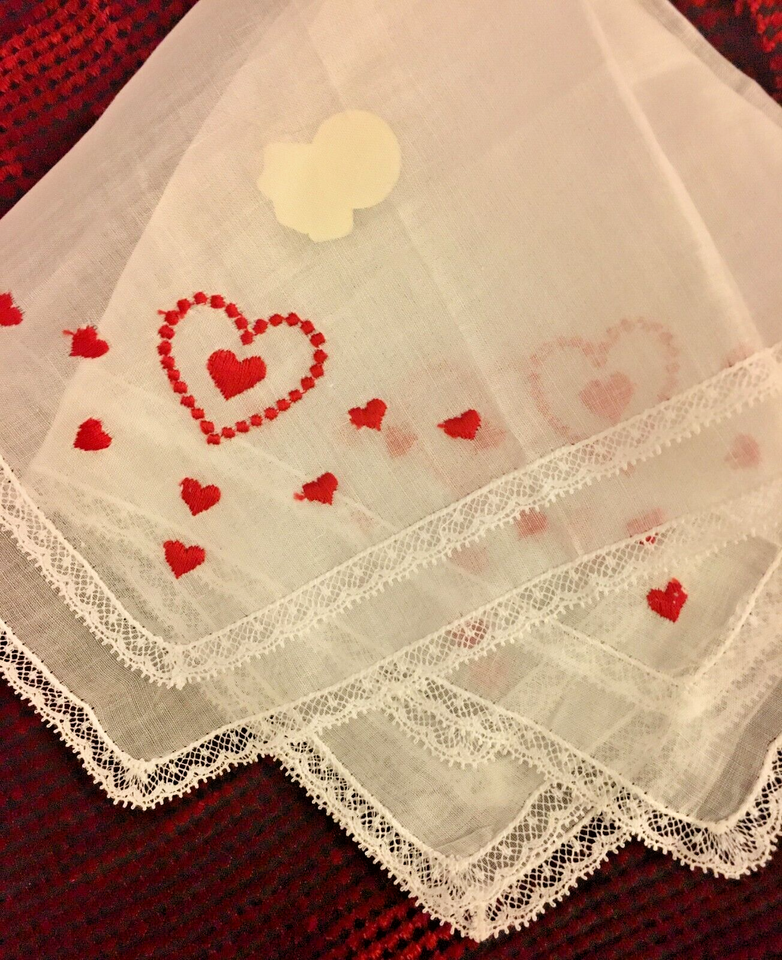 VTG SWISS HANKIE Signed DESCO HANKY NWT Red Hearts Lace NEW Ladies ...