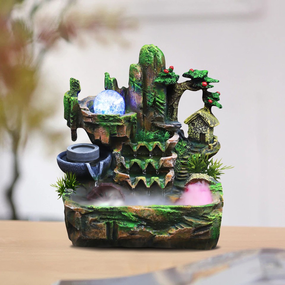 Desktop Fountain Rock Waterfall Humidifier with Artificial Tree and LED ...