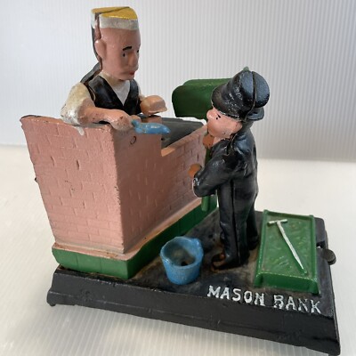 Vintage Reproduction Mason & Hod Bank Mechanical Coin Bank Cast Iron ...