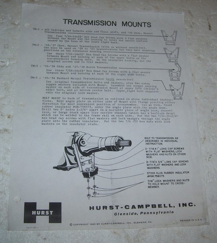 HURST TRANS MOUNT INFO- CAD-LASALLE- PACKARD- 51-56 OLDS- 55-57 CHEVY ...