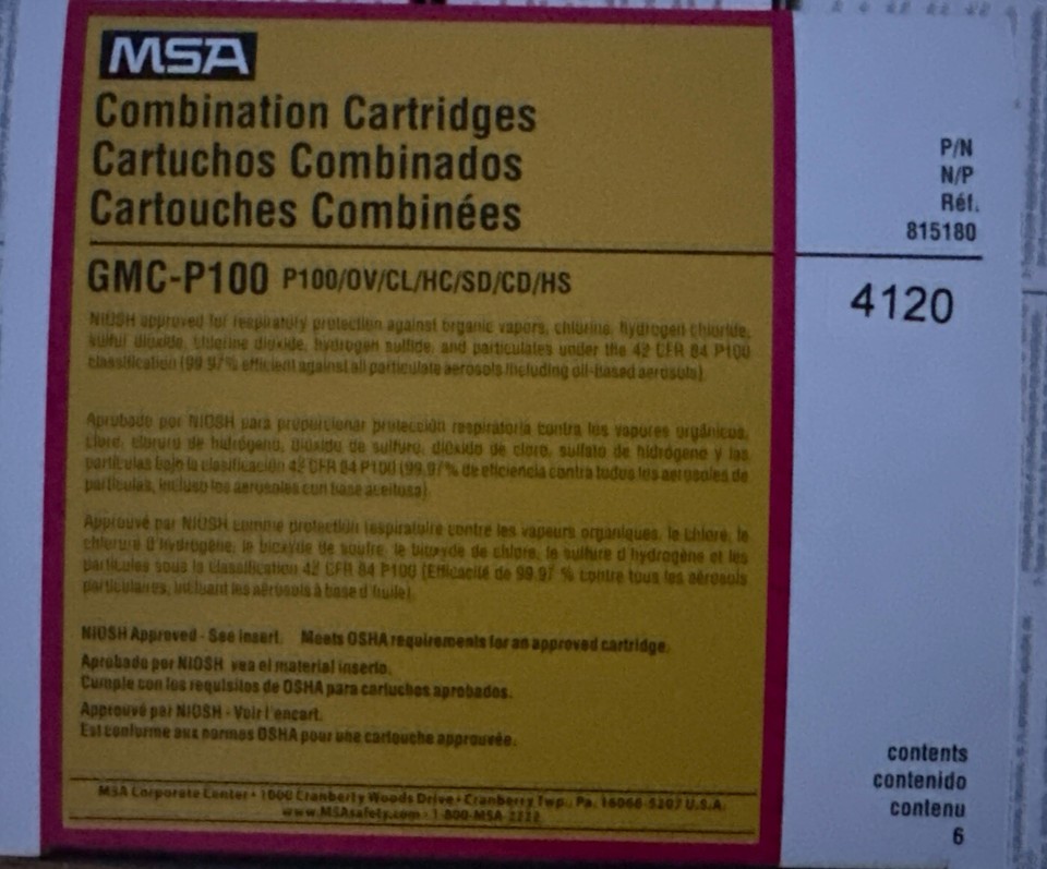 MSA Comfo Respirator Cartridges, Organic Vapor/Acid Gas/P100- 815180- 6 ...