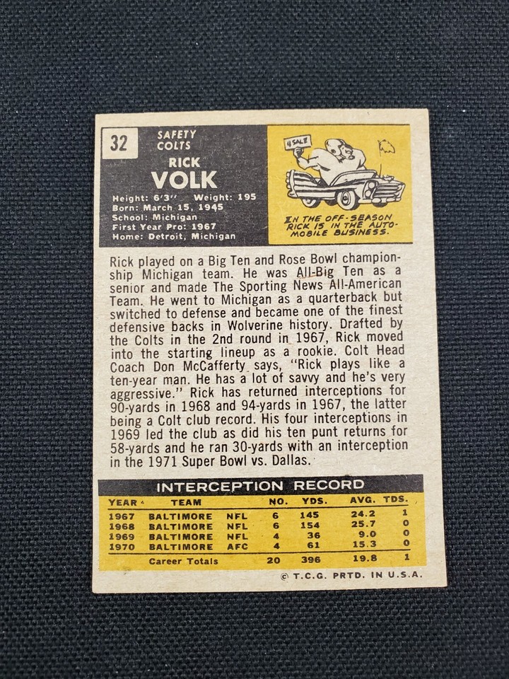 1971 Topps RICK VOLK RC #32 Baltimore Colts Rookie Football Card | eBay