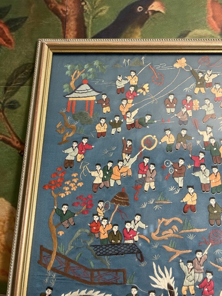 Vintage 100 Children Playing Framed Chinese Hand Stitch Embroidery on ...