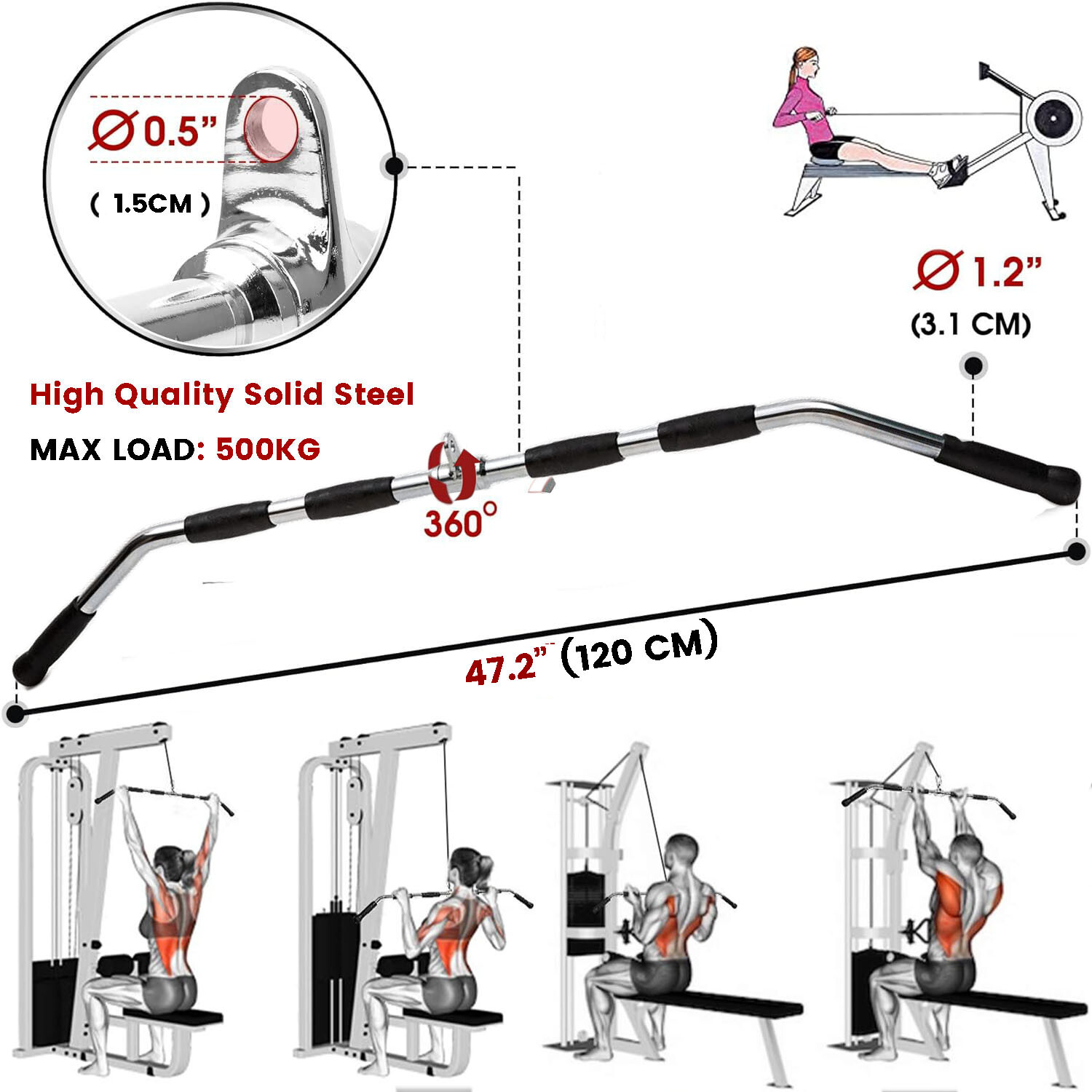 120cm Tricep Press Solid Pulldown Bar Cable Machine Revolving LAT Pull ...