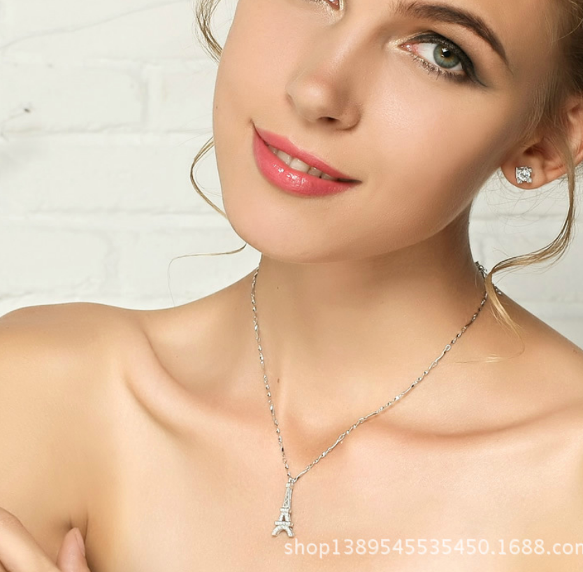 Paris The Eiffel Tower Silver SP Pave CZ Pendant Necklace | eBay