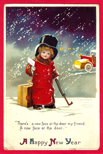 Vtg Clapsaddle New Years Boy Top Hat Antique Car Suitcase A/S Emb PC ...