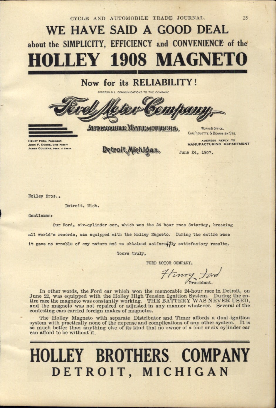 1907 PAPER AD CAR AUTO 3 PG Holley 1908 Magneto Coes Wrench Worcester ...
