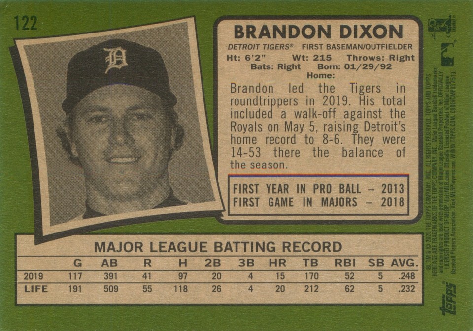 Brandon Dixon 2020 Topps Heritage 1971 MLB Baseball Base Card#122 ...
