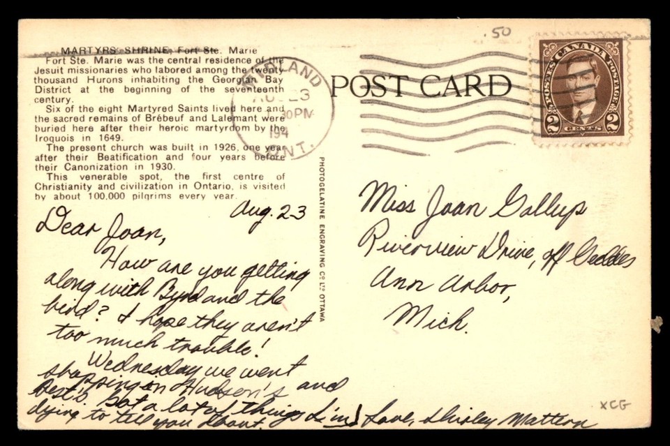 Mayfairstamps Canada 1940s Midland Ont to Ann Arbor MI Martyrs Shrine ...