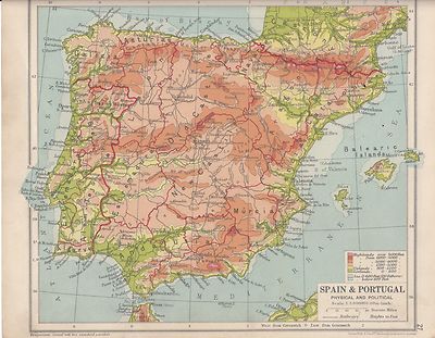 1931 MAP SPAIN & PORTUGAL PHYSICAL POLITICAL BALEARIC ISLANDS | eBay UK