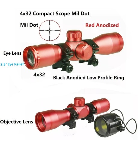 Red 4x32 mm Compact 1" Tube Scope Mil Dot With Weaver Black Ring | eBay