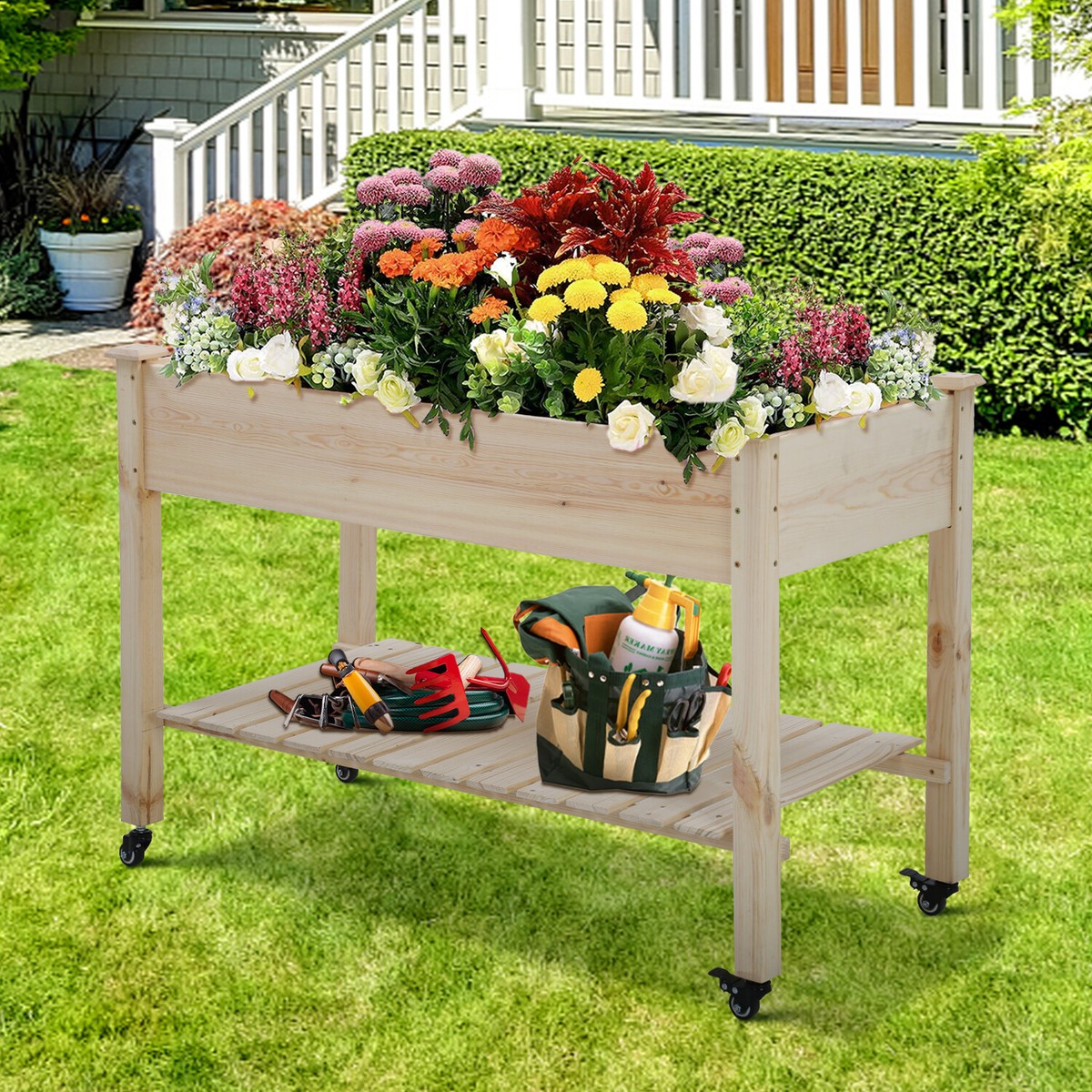 Garden Beds Planter Wheels Outsunny 41'' Wooden Raised Garden Bed