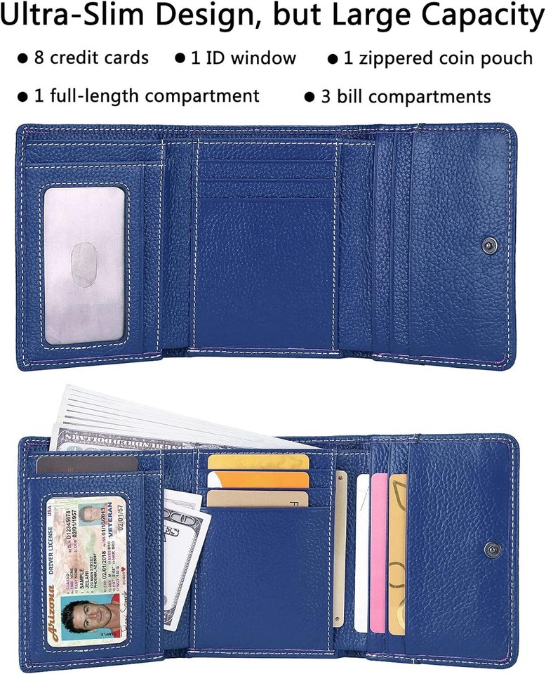 AINIMOER Small Leather Wallet for Women, Slim Lichee Blue Rfid Blocking ...