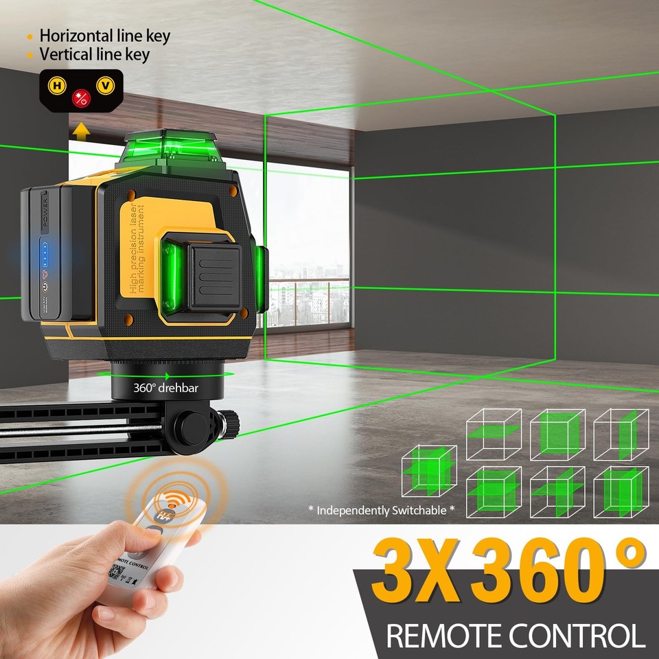 Laser Level 360 Self Leveling, 3 x 360 3D Stepless Dimming(Up to 37H ...