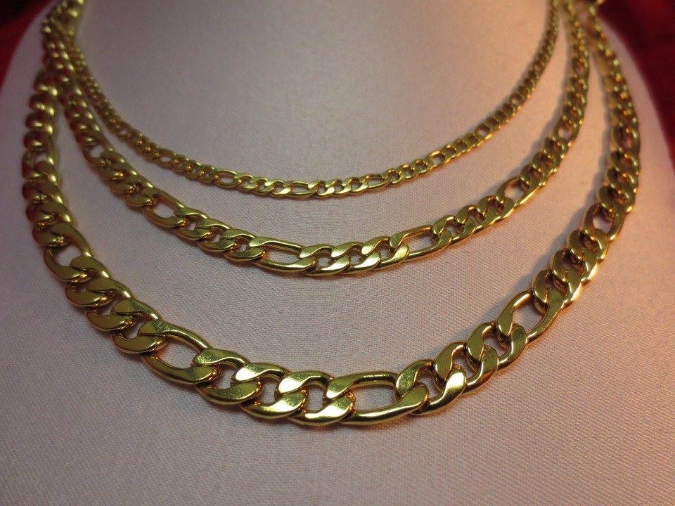 3/5/7MM STAINLESS STEEL GOLD PLATED FIGARO ROPE CHAIN 16"-60"- GOLD | eBay