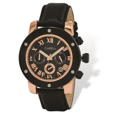 Chisel Men's Watch Chronograph Rose Gold IP Case Black Dial Leather ...