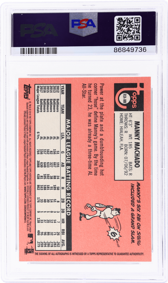 2018 Topps Heritage Manny Machado Real One Auto Red Ink #ROAMM /69 PSA ...
