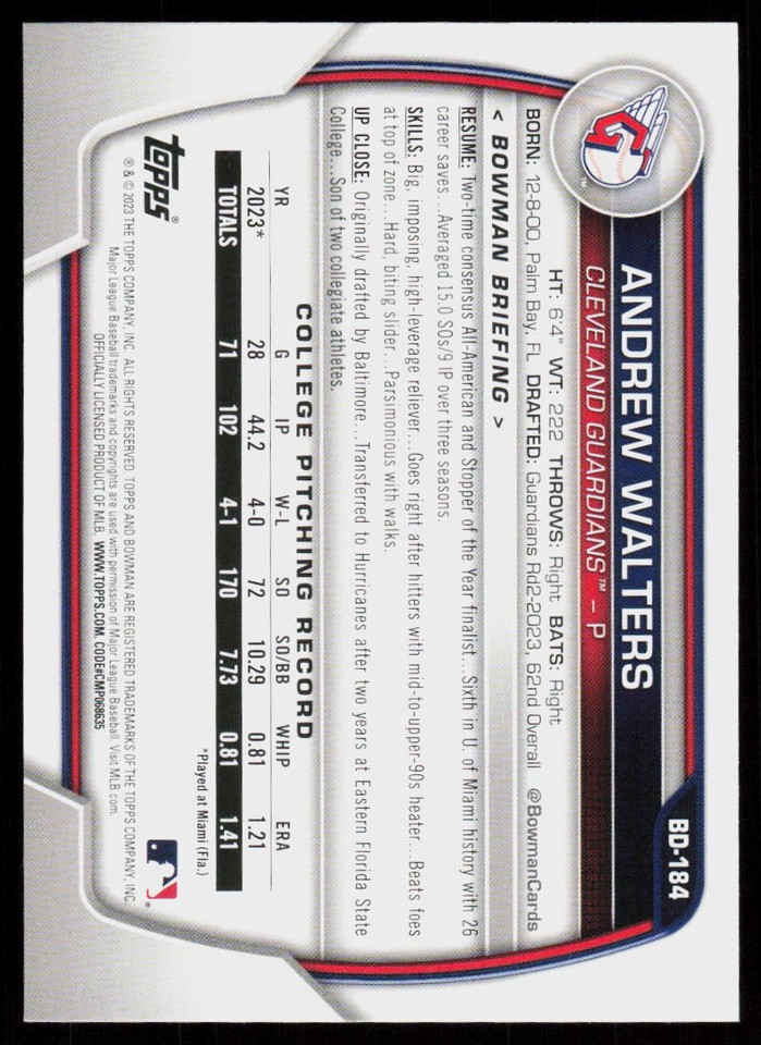 2023 Bowman Draft Andrew Walters #BD-184 BASEBALL Cleveland Guardians ...